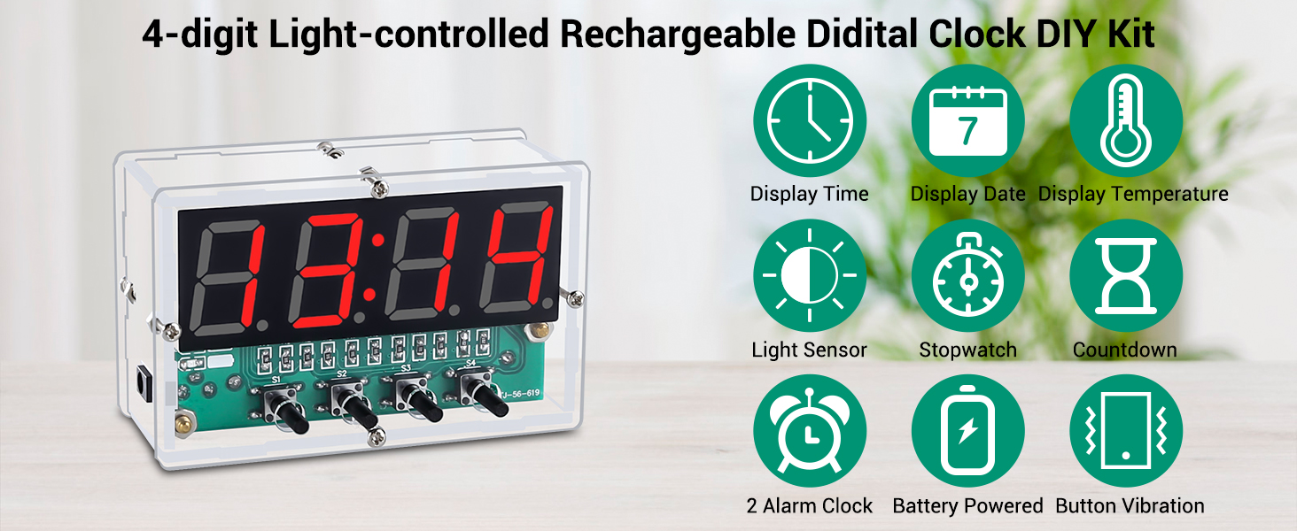 Diy Kit 4bit Digital Electronic Clock With Red Led Date Time Temperature Alarm Clock